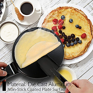 Electric Crepe Maker - Cooks Roti, Tortillas & Pancakes - Nonstick Cooktop - 8-inch Cook Area w/On/Off Switch, Automatic Temperature Control & Cool Touch Handle - Includes Food Bowl, Whisk & Spatula