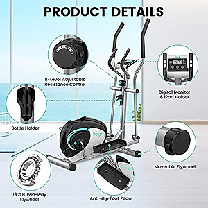 Dripex Elliptical Machines for Home, Cardio Fitness Cross Trainer w/Hyper-Quiet Magnetic Drive System, 8 Resistance Levels, 6KG Flywheel, Heart Rate Sensor, LCD Monitor, Device Holder