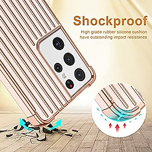 PTUONIU Kickstand Case for Samsung Galaxy S21 Ultra, [Two-Way Stand] [Reinforced Drop Protection] [Anti-Scratch] Slim Shockproof Stand Case with Camera Protector+Strap for Samsung S21 Ultra-Rose Gold