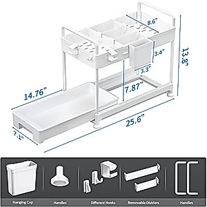 SOLEJAZZ 2-Tier Under Sink Organizer, Under Bathroom Sink Cabinet Sliding Under Sink Storage Organization, Multi-purpose Kitchen Shelf with Hooks, Hanging Cup, White