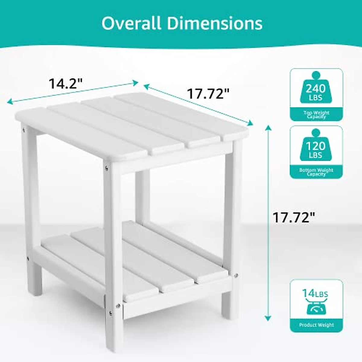 BASCWIHOM Outdoor Adirondack Side Tables, HDPE Weather Resistant Outside End Tables with 2 Shelves for Patio, Backyard, Pool, Indoor Outdoor Companion, Easy Maintenance & Waterproof,