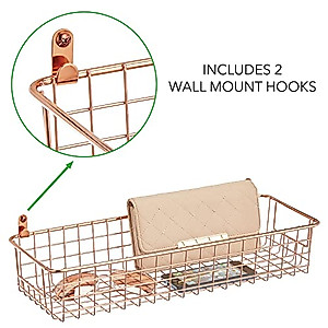 mDesign Wallmount Metal Storage Basket Tray with Handles - Decorative Organizer for Hanging in Entryway, Mudroom, Bedroom, Bathroom, Laundry Room - Small - Hooks Included - 2 Pack - Rose Gold