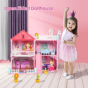 CUTE STONE Dollhouse with 2 Dolls, Flashing Lights, Furniture, Household Items and Gardening Tool Accessories, DIY Cottage Pretend Play Doll House, Gift for Ages 3+, 4 Rooms