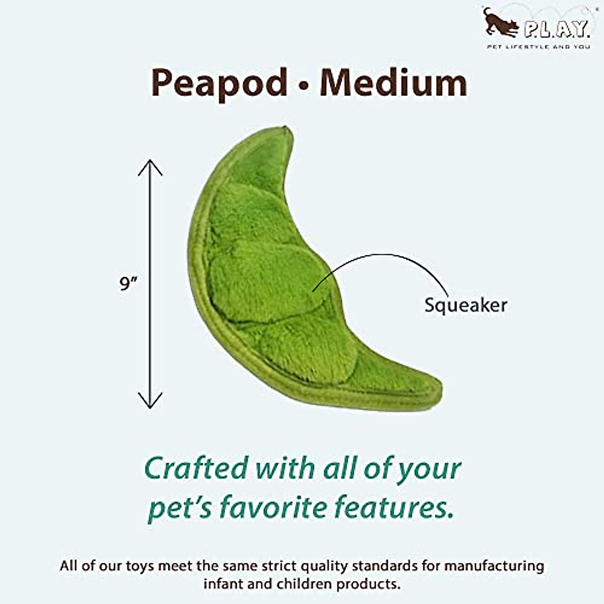 P.L.A.Y. Cute Plush Dog Toys - Fruit & Vegetable Themed Durable Squeaker Chew Toy, Great for Puppies & Small, Medium, Large Dogs - Machine Washable, Recycled Materials (Garden Fresh Peapod, Medium)