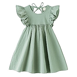 LYXIOF Toddler Baby Girl Cotton Linen Dress Ruffle Sleeve Halter Sleeveless Kids Casual Beach Dresses Green 110CM