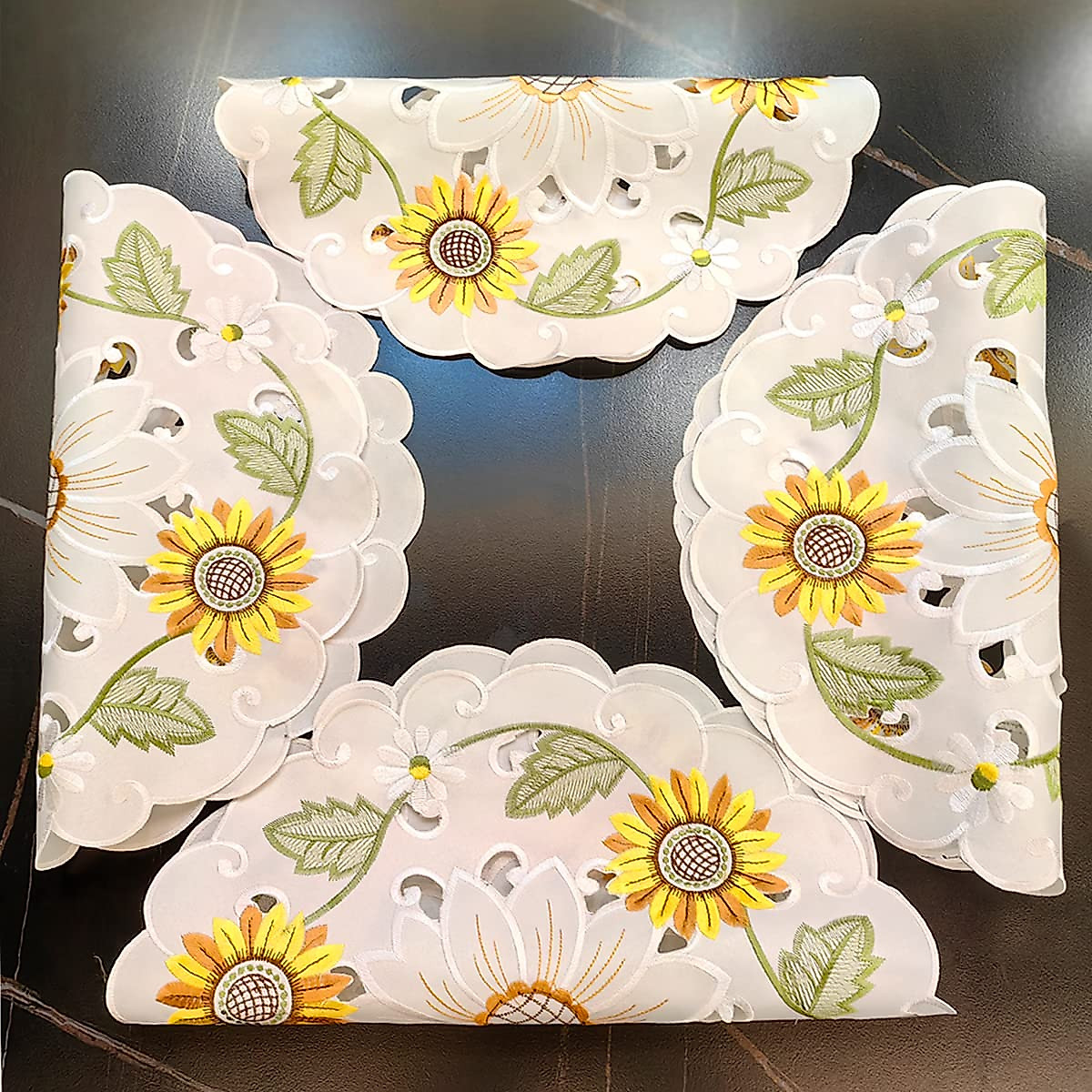 LeLehome Embroidery Sunflowers Cutwork Round Placemats, 4PCS 15" Home Kitchen Dining Autumn Summer Doily Tabletop Decoration
