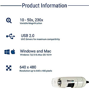 Dino-Lite USB Digital Microscope AM2111-0.3MP, 10x - 50x, 230x Optical Magnification, 4 LEDs