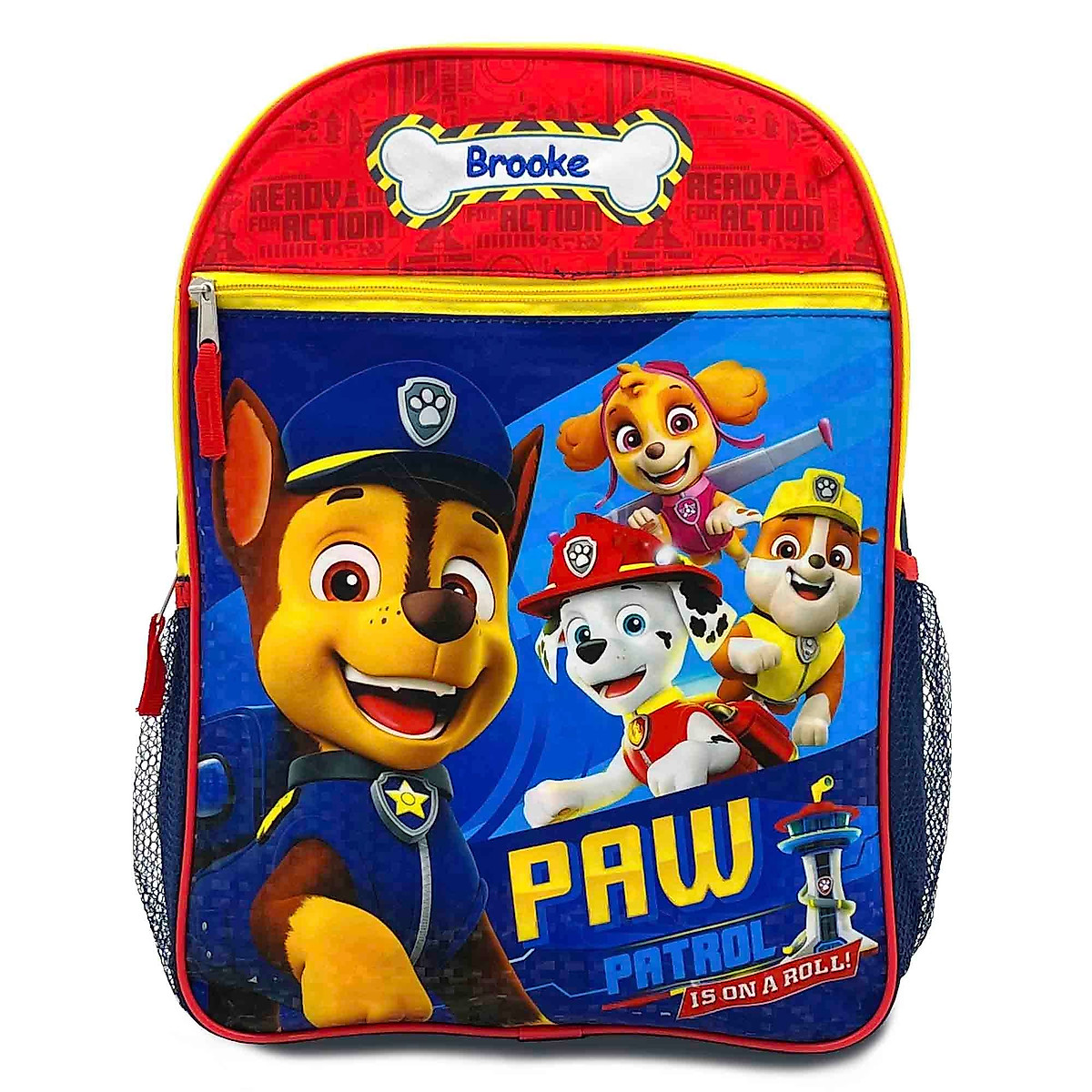 DIBSIES Personalized 16" Paw Team - Chase, Marshall, Rubble, and Skye Is On A Roll Backpack with Bonus Lunch Bag, Carabiner Clip, and Character Dongle