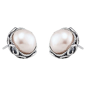 Joolala Circle of serenity – Fresh Water Cultured Round White Pearl in 925 Silver Post and Nut Stud Earrings for Women