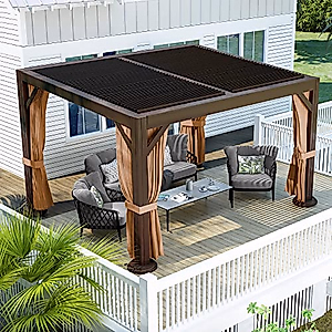 PURPLE LEAF Outdoor Louvered Pergola 10' × 13' Patio Hardtop Gazebo Sun Shade Shelter Outside Canopy with Metal Adjustable Roof for Beach Deck Backyard Garden, Curtains and Netting Included