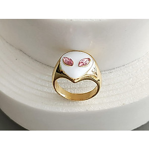 CZ Alien Head Statement Ring for Women 18K Gold Plated White Enameled Pink Crystal Eye Chunky Wide Band Finger Rings Comfort Fit Fashion Unique Cute Jewelry Gifts for Friend Size 8
