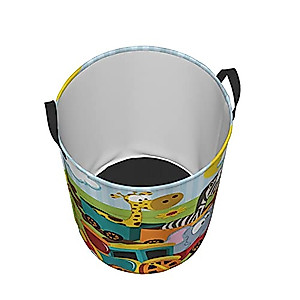 Laundry Basket,Cartoon Baby Safari Wild Animals In A Train With Striped Backdrop Toys Artwork,Large Canvas Fabric Lightweight Storage Basket/Toy Organizer/Dirty Clothes Collapsible Waterproof For College Dorms-Large