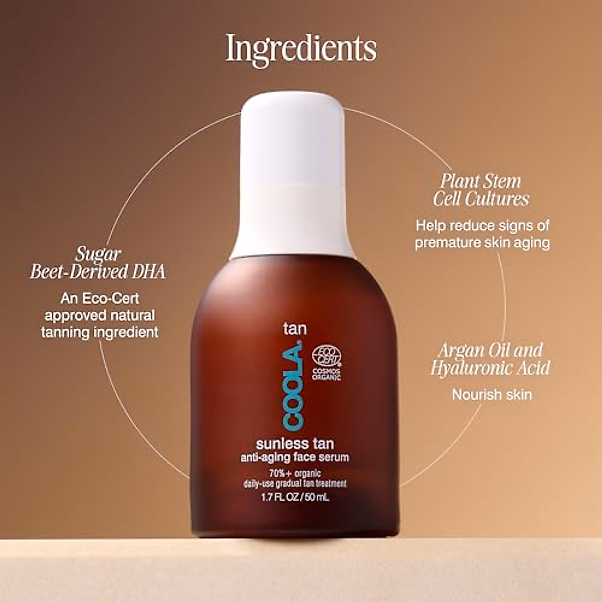 COOLA Organic Sunless Self Tanner Face Serum, Dermatologist Tested Anti-Aging Skin Care Infused with Hyaluronic Acid, Vegan and Non-GMO, Piña Colada, 1.7 Fl Oz