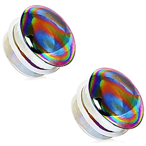 Pierced Owl Glass Aurora Rainbow Single Flare Plug Gauges with Clear Silicone O-Ring, Sold as a Pair (22mm (7/8"))