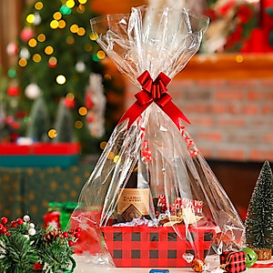 Yeaqee 36 Pcs Christmas Baskets for Gifts Empty Set Includes 12 Buffalo Plaid Christmas Basket for Gifts to Fill, Sturdy Cardboard Baskets Bulk 12 Bags 12 Pull Bows for Christmas Xmas