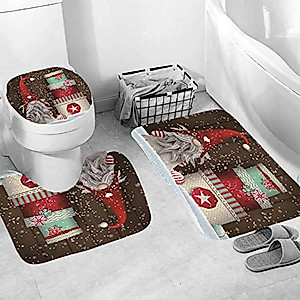 Stylish Christmas Shower Curtains for Bathroom, Christmas Cartoon Gnome Gift Bathroom Shower Curtain Set with Mat Rug 12 Hooks