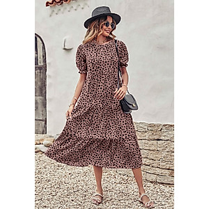 PRETTYGARDEN Women's Summer Casual Boho Dress Floral Print Ruffle Puff Short Sleeve Flowy Midi Beach Party Dresses (Pink,Large)