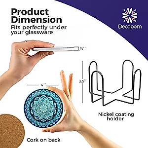 Mandala Drink Coasters with Holder - 8 Set Ceramic Boho Coasters for Drinks Absorbent with Cork Base and Black Holder - Coasters for Coffee Table Apartment Wooden Bar Mug Glasses Cup Beer