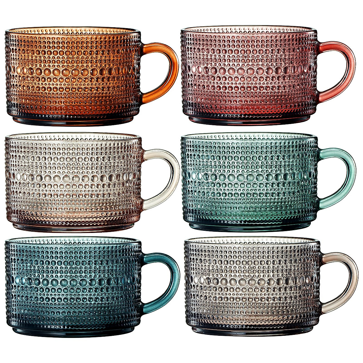 Khen Fall Colors Glass Coffee Mugs Set With Handles, Spoons & Lid | Set of 6 | 15oz Hobnail Embossed With Bamboo Lids & Gold Spoons, Glassware Mug Bubble Glasses - Cute Cups Coffee, Tea Oats Colored