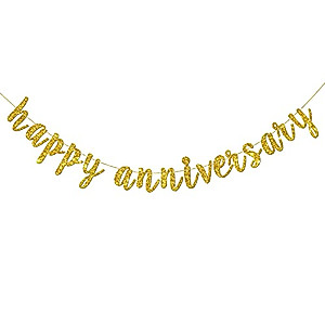 INNORU Gold Glitter Happy Anniversary Banner - Birthday Sign Bunting - Wedding Anniversary Party Decorations