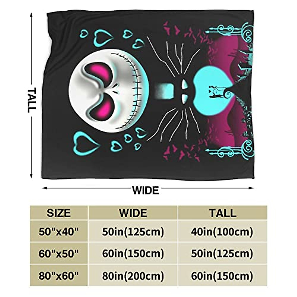 3D Printed Christmas Blanket Jack & Sally Adult Blanket Novelty Soft Flannel Blanket for Couch Bed Living Room Sofa 2-50"x40"