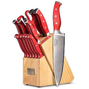 JXWING Professional 15-Piece German High Carbon Stainless Steel Kitchen Knife Set, Ocean Series Premium Forged Full Tang Chef Knives Set with Rubber Wood Block, Red