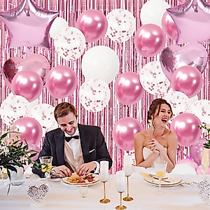 RUBFAC Pink Birthday Decorations for Women and Girls, Happy Birthday Banner, Pink Fringe Curtain, Pink Confetti Balloons, Heart Shape Foil Balloons for Women Girls Birthday Princess Party