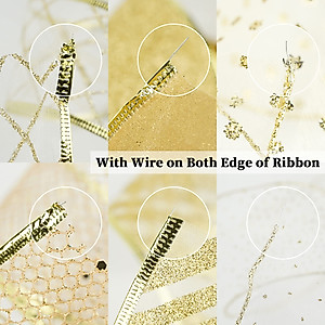 HUIHUANG Gold Christmas Ribbon - 2.5 inch Wide Gold Wire Edge Ribbons for Tree Decorations, Crafts, Gift Wrapping, Wreath, Garland, Bows - 6 Rolls x 6 Yards