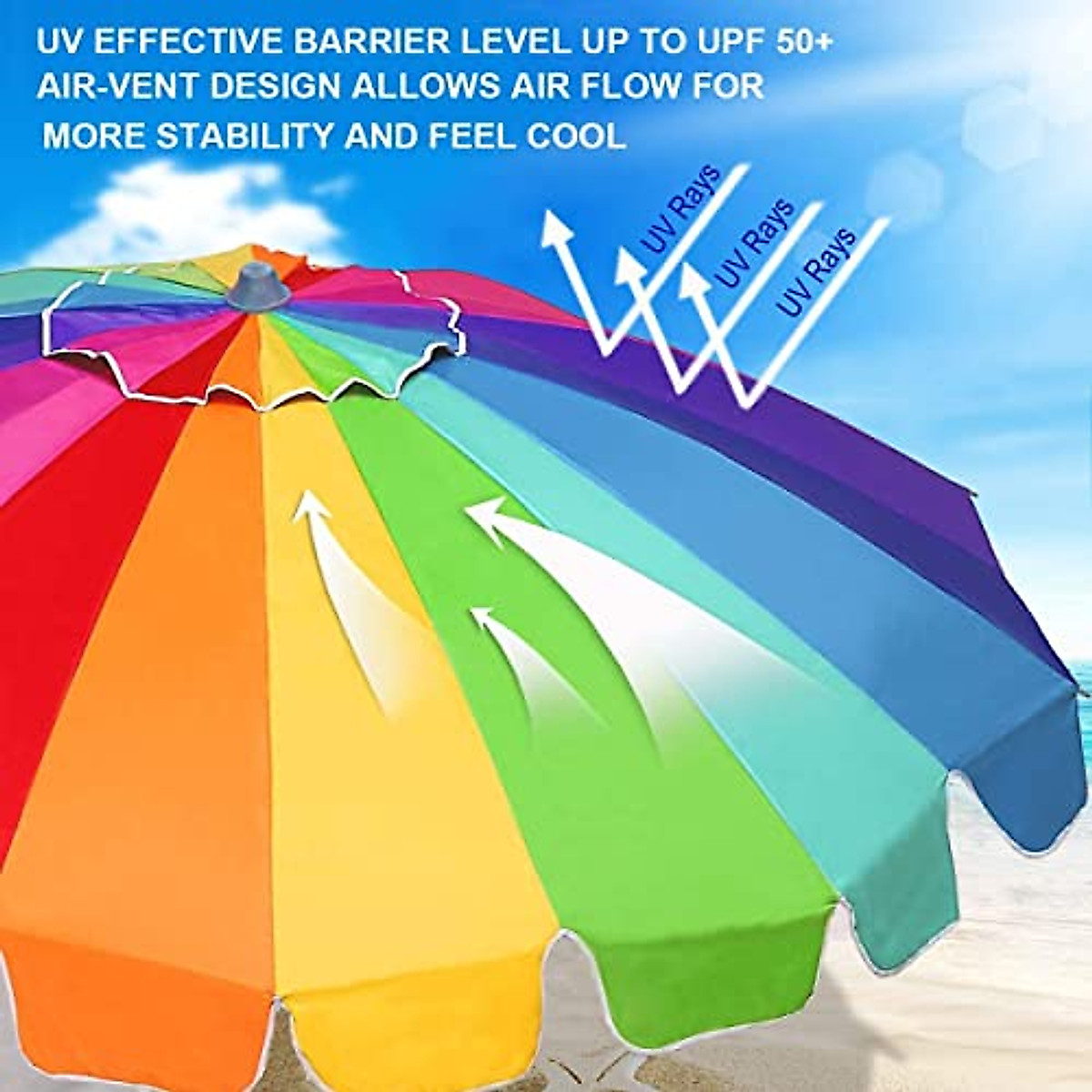 AMMSUN 7.5 Foot Heavy Duty HIGH Wind Beach Umbrella with sand anchor & Tilt Sun Shelter, UV 50+ Protection Outdoor Sunshade Umbrella with Carry Bag for Patio Garden Beach Pool Backyard (Rainbow)
