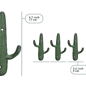 Comfify Set of 3 Hooks Cast Iron Cactus Double Wall Mounted Hooks/Hangers - Decorative Wall Mounted Hooks for Coats, Bags, Towels and More - w/Screws and Anchors Included - Rustic Green