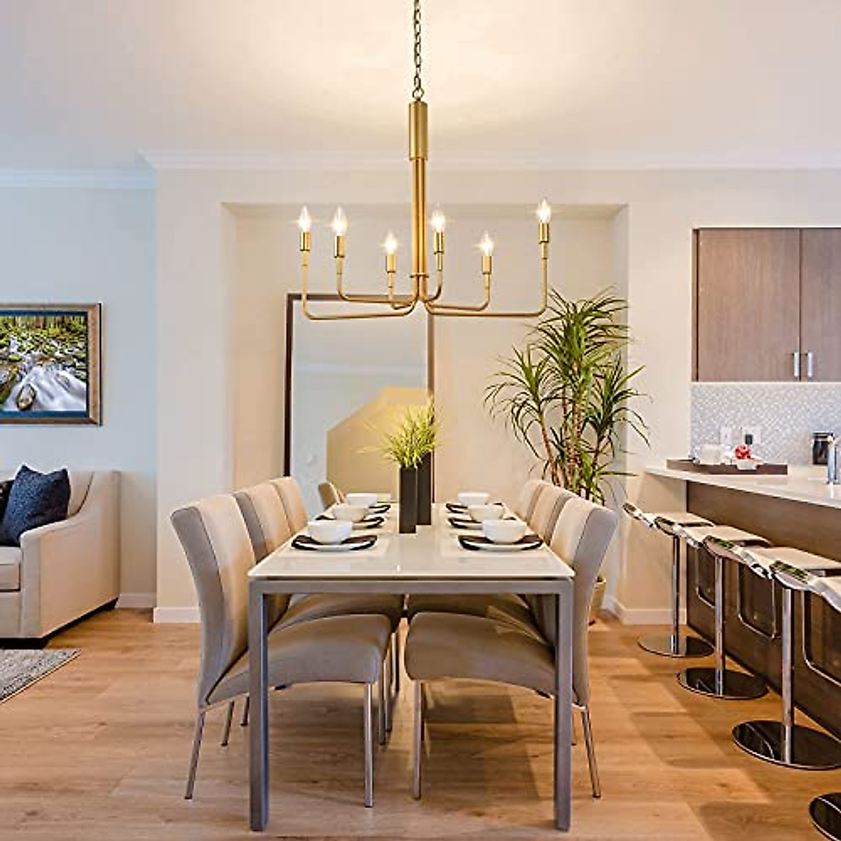 KSANA Gold Chandelier, 6-Lights Modern Chandeliers for Dining Rooms, Living Room, Bedroom, Kitchen, Brushed Gold Finish