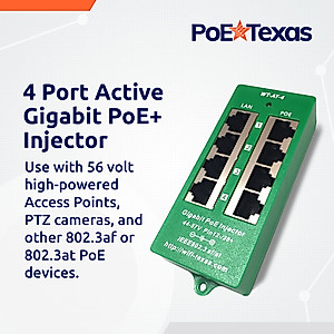 PoE Texas 4 Port PoE/PoE+ Injector with 56V 60W Power Supply - Gigabit Injector - Active Mode A Power Over Ethernet Multi Port PoE Adapter - Supports 4 PoE (802.3af or at) up to 60 watts