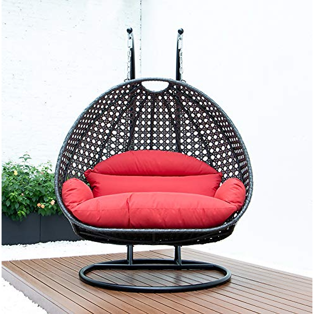 LeisureMod 2 Person Hanging Double Swing Chair, X-Large Wicker Rattan Egg Chair with Stand and Cushion for Indoor Outdoor Patio Garden (Red)