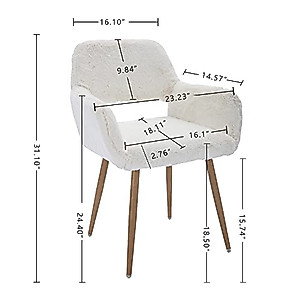 KCC Furry Desk Chair, Mid-Century Modern Accent Faux Fur Chair for Teen Girls, Comfy Armchair with Wood Look Metal Legs for Living Dining Room, Home Vanity Makeup Office Desk Chair No Wheel, White