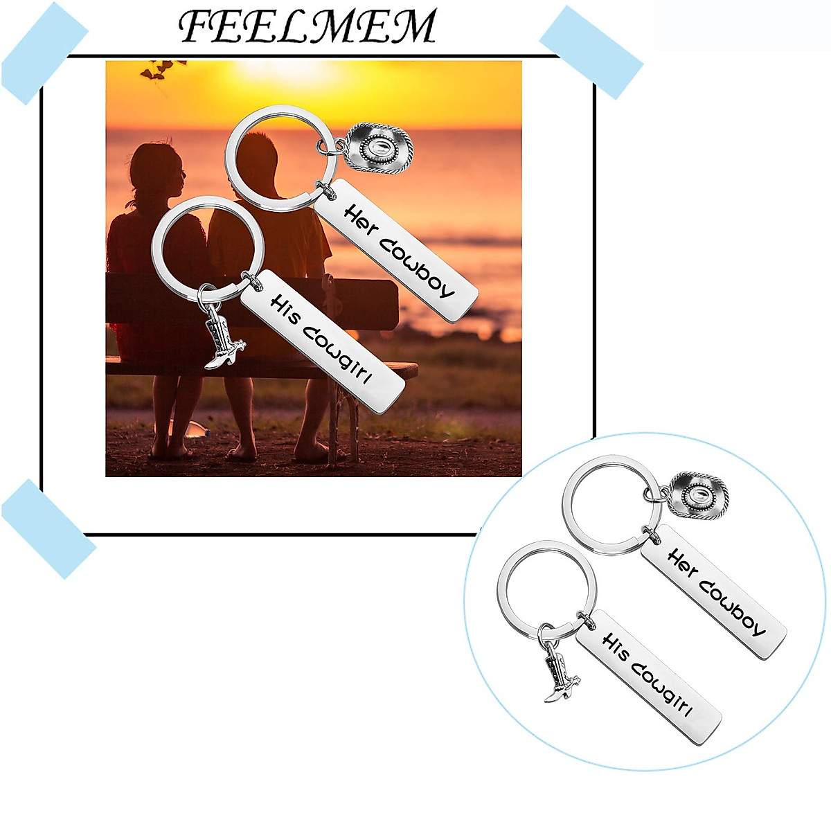 FEELMEM Western Texas Cowgirl Cowboy Hat Boot Keychain Set Her Cowboy His Cowgirl Couple Keychains Matching Set Valentines Day Boyfriend Gift Girlfriend Gift (Silver)