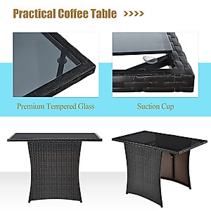 KOTEK 3 Piece Outdoor Dining Set, PE Rattan Dining Table & Chairs Set with Tempered Glass Top & Cushions, Wicker Conversation Set, Patio Bistro Set for Backyard Garden Porch (Turquoise)