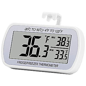 Refrigerator Thermometer Digital Fridge Freeze Room Thermometer Waterproof Large LCD Display Max/Min Record Function, White