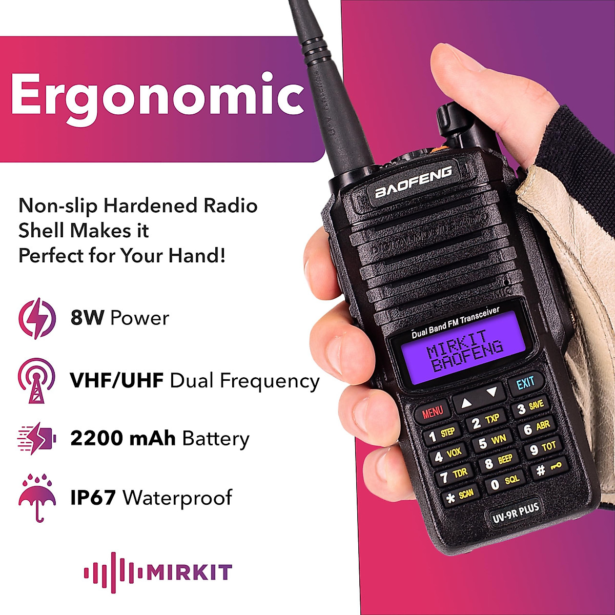 Mirkit Waterproof Baofeng Radio UV-9R Plus MK1 (UV-82 3rd Generation) 8W Ham Radio VHF/UHF 144-148/420-450mhz Walkie Talkie with 2200mAh Battery, IP67 Radio: Dust, Cold & Waterproof Radio
