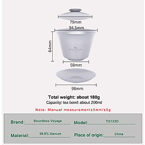 iBasingo 200ML Titanium Gaiwan Kung Fu Teacup with Lid and Saucer Set Lightweight Portable Chinese Traditional Gaiwan Tea Bowl Teacup with Cover Outdoor Camping Tea Set Ti3123D