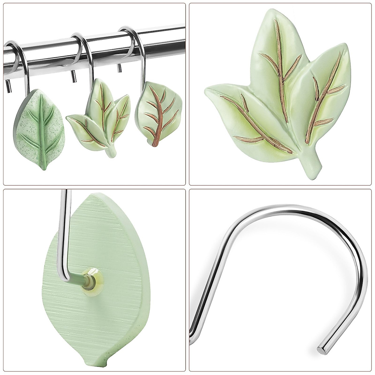 Gibelle 12PCS Leaves Shower Curtain Hooks, Green Plant Leaf Decorative Shower Curtain Hooks Metal Rustproof Cute Eucalyptus Shower Curtain Rings Bathroom Decoration Accessories