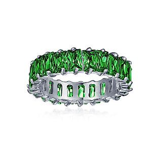 Art Deco Style AAA CZ Simulated Green Emerald Cut Cubic Zirconia Eternity Baguette Anniversary Wedding Band Ring For Women .925 Sterling Silver 4MM