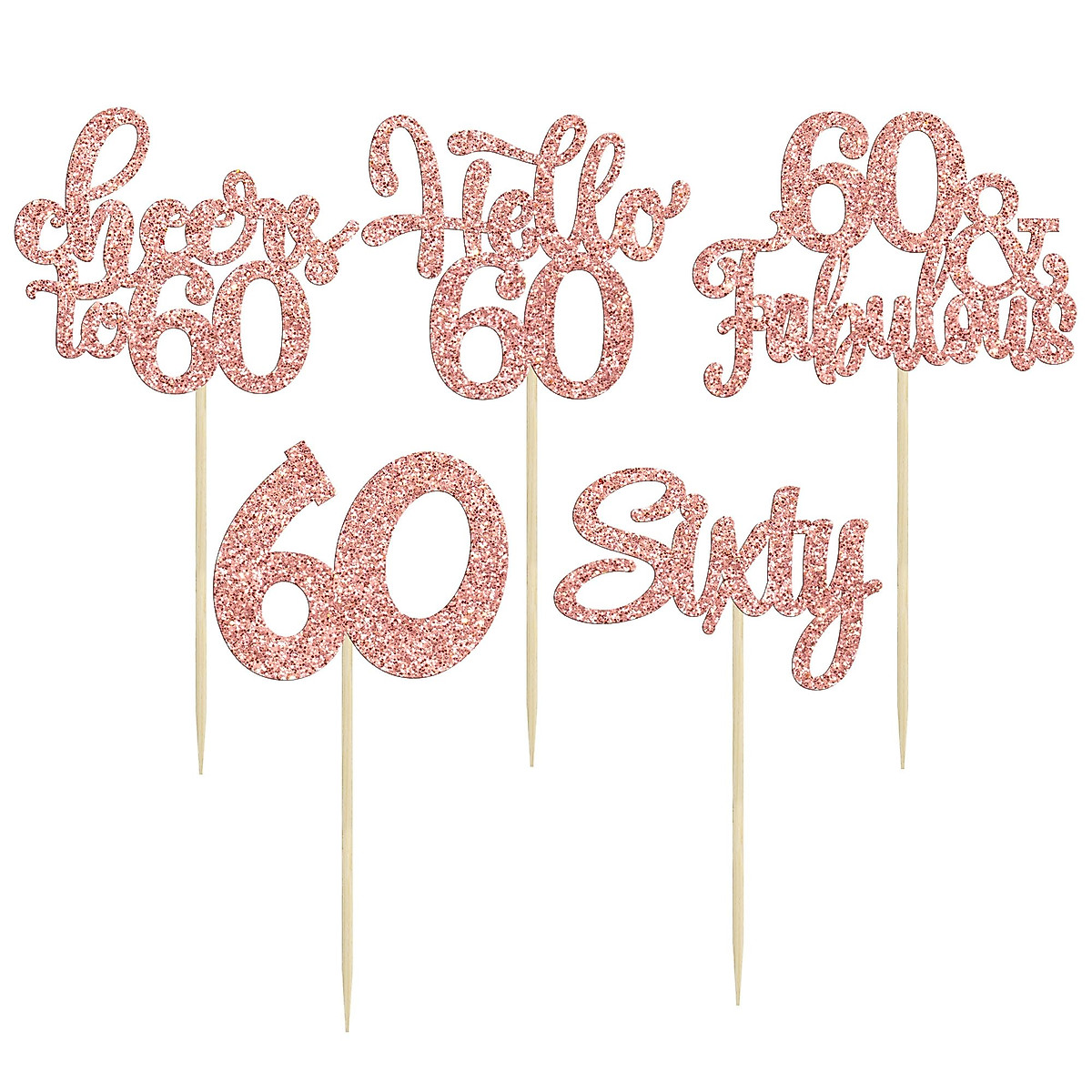 30Pcs Happy 60th Birthday Cupcake Toppers Rose Gold Glitter Sixty Cake Toppers Cheers to 60 Years Old Birthday Cupcake Picks for 60th Birthday Anniversary Party Cake Decorations Supplies