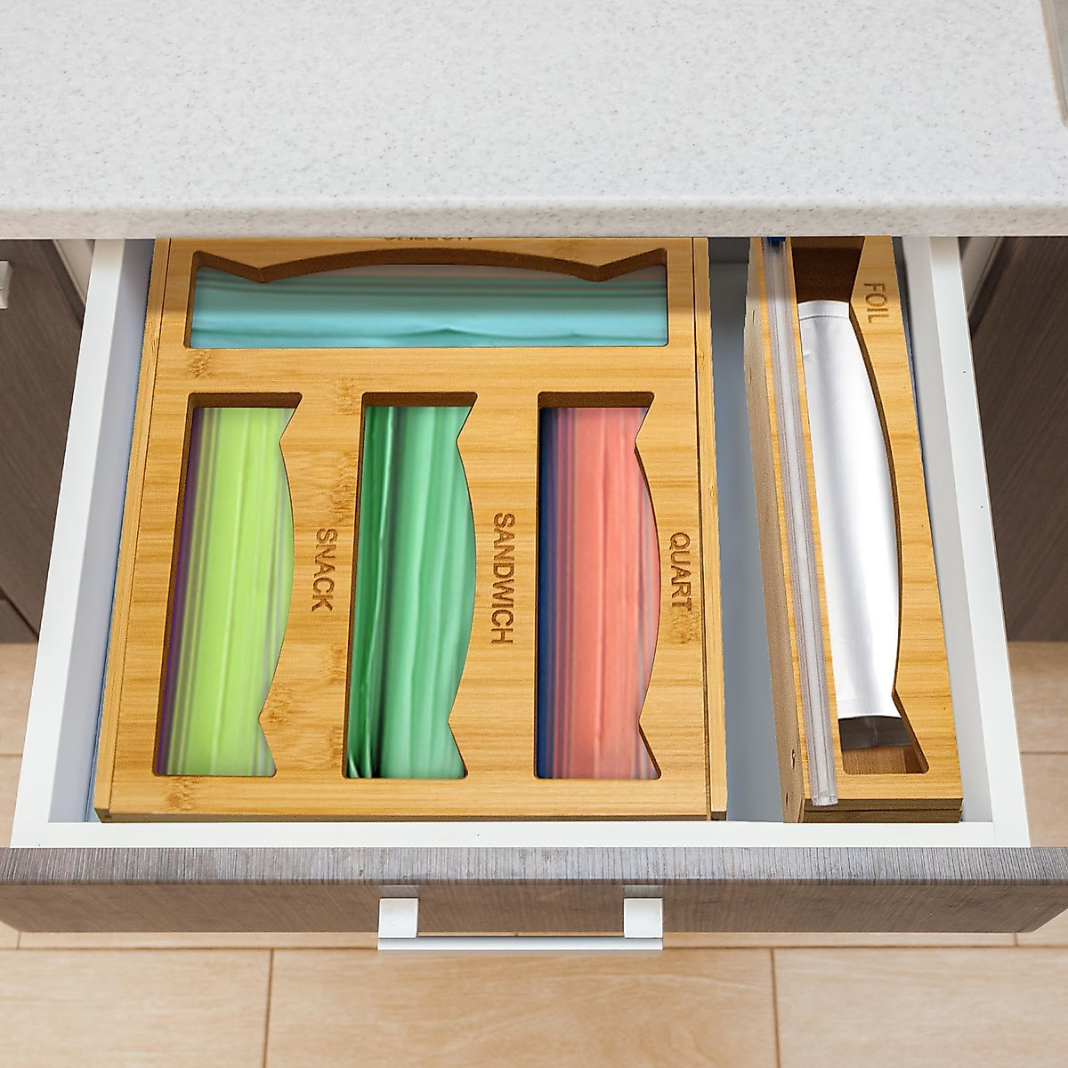 WHOMASS Foil and Plastic Wrap Organizer with Cutter 6 In 1 Bamboo Magnetic Storage Bag Organizer for Kitchen Drawer, Compatible with Gallon, Quart, Sandwich, Snack, Aluminum Foil