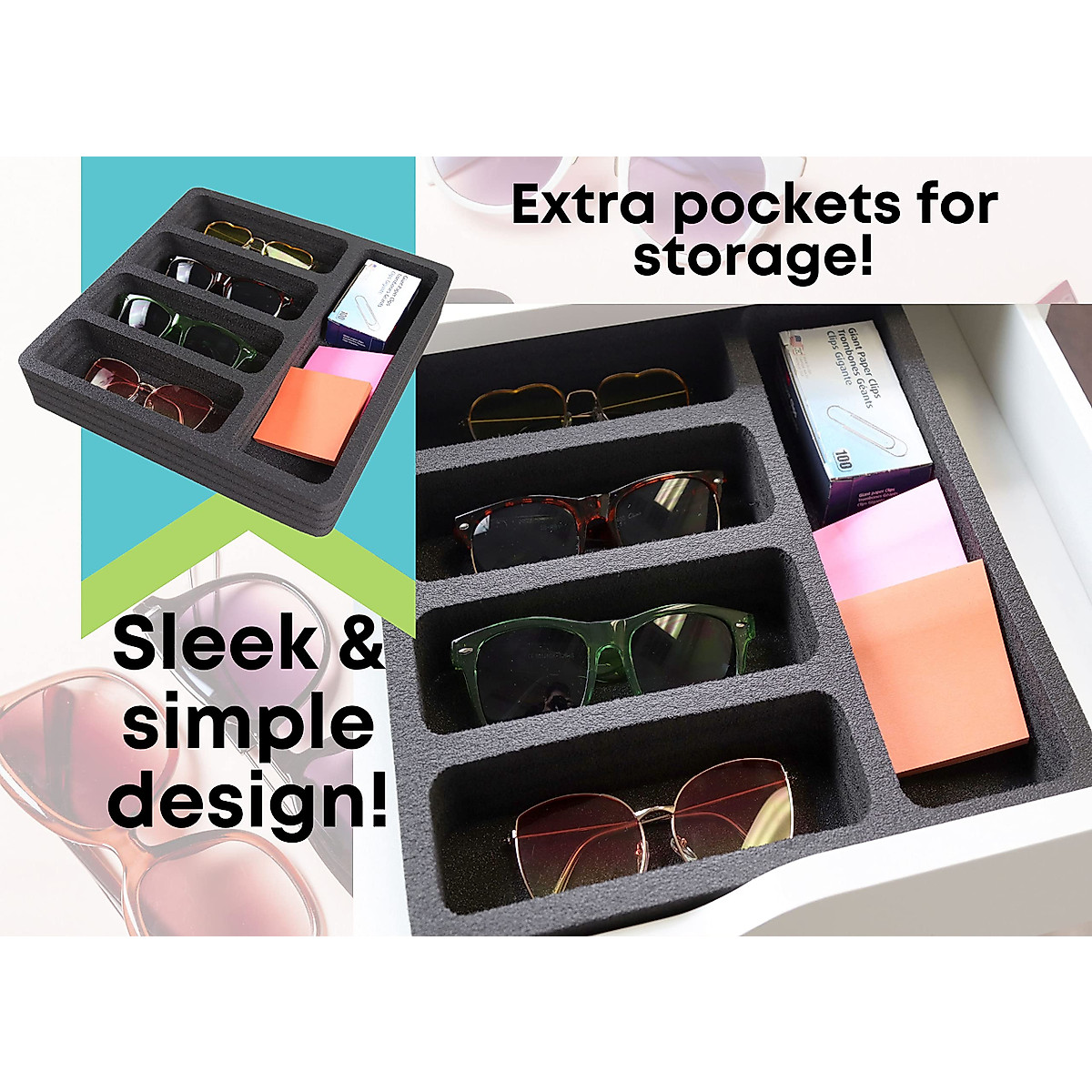 Polar Whale Sunglasses Drawer Organizer Tray Insert for Home Bedroom Bathroom Vanity Dresser Counter Table Waterproof Washable Black Foam 5 Compartment 12 x 12 Inches
