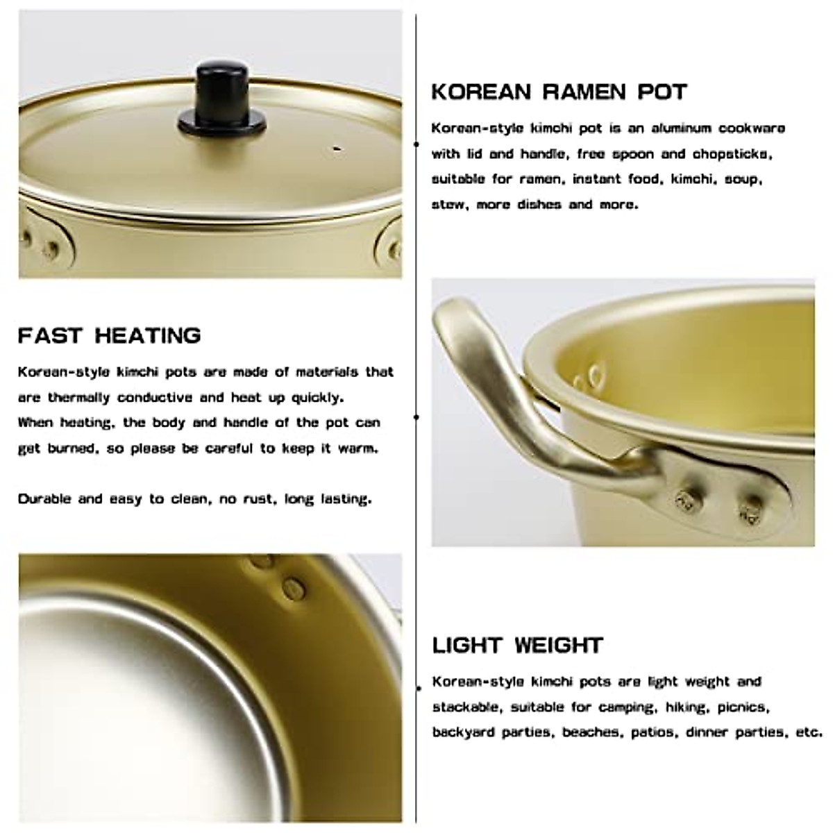 LNQ LUNIQI Korean Ramen Cooking Pot with Spoon Chopsticks, Alluminum Shin Ramyun Pot with Handles Fast Heating Instant Noodles Cooking Pot for Soup, Curry, Pasta and Stew （6.3in，Gold）