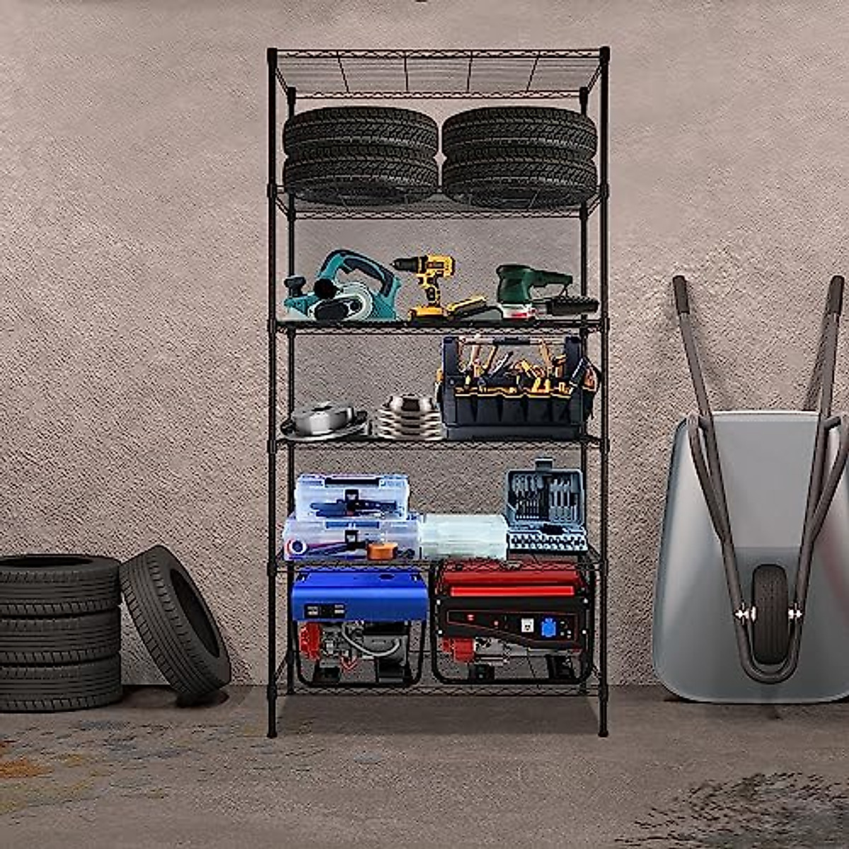 6-Shelf Adjustable Heavy Duty Storage Shelving Unit, Metal Organizer Wire Rack for Laundry Bathroom Kitchen Pantry Closet No Wheels, Black