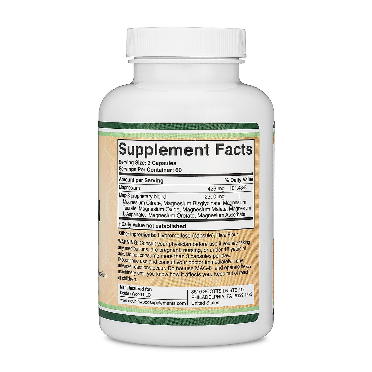 Magnesium Complex Supplement 180 Capsules (436mg Elemental Magnesium Provided by 2,300mg of Eight Different Forms of Magnesium) MAG-8 Provides 100% Daily Recommended Value of Magnesium by Double Wood