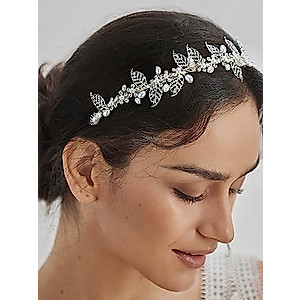 SWEETV Pearl Bridal Headband Silver Tiara for Bride Headpiece Crystal Leaf Wedding Hair Accessories Jewelry Tiaras for Women