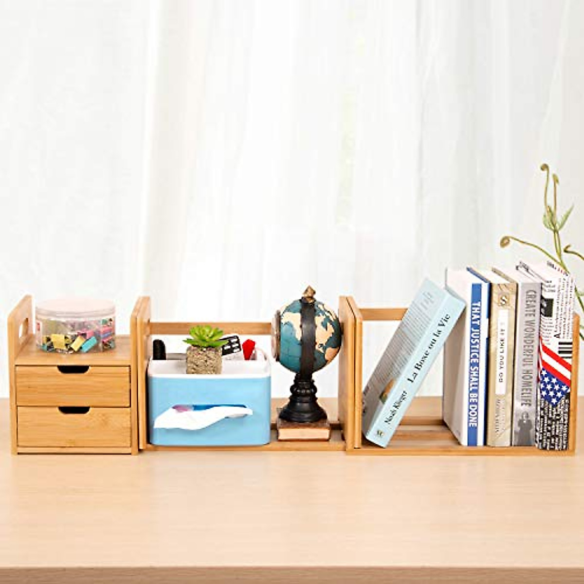 Ollieroo Natural Bamboo Desk Organizer with Extendable Storage for Office and Home, CD Holder Media Rack