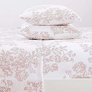 Great Bay Home Bed Linen Set, 4 Piece, Turkish Cotton Queen Flannel Sheets Set, Floral Sheets, Deep Pocket, Soft Sheets, Double Brushed Sheets, Pre-Shrunk & Anti-Pill Flannel Sheets, Toile-Blush Pink